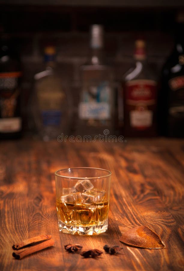 Glass of Whiskey on Rustic Table.bar Background Stock Image - Image of ...
