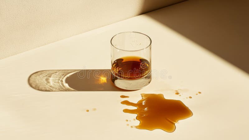 Glass of Whisky Dropping and Spilling on Light Beige Surface with ...
