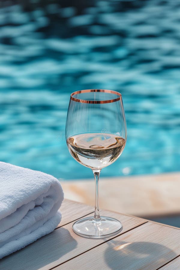 Glass of Rose Wine Served at the Edge of the Blue Water Pool. Stock ...