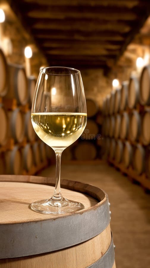 Glass of White Wine Standing on a Barrel in a Wine Cellar Stock Image ...