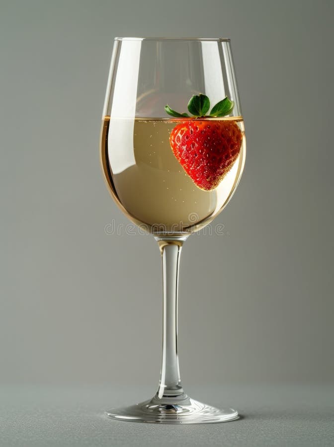 A Glass of White Wine with a Strawberry Floating Inside on a White ...