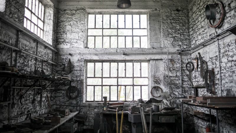 Glass Window with a Brick Wall in a Messy Room in an Abandoned Building ...