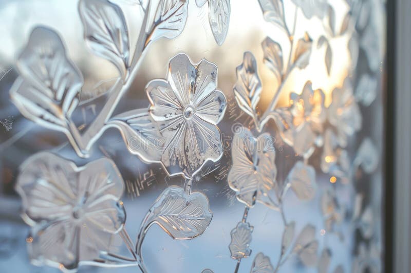 A Glass Window Featuring a Flower Design in Frosted or Etched Style ...