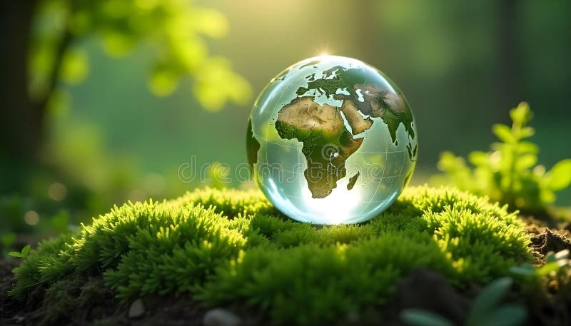 A Glass World Globe on a Bed of Moss, Surrounded by Greenery and ...
