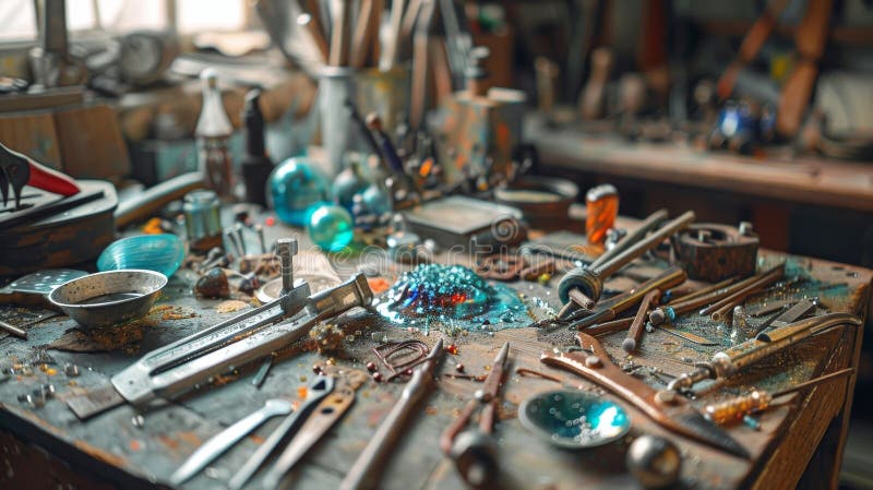 Glassblowing Tools Laying on Workshop Table Covered in Colorful Dust ...