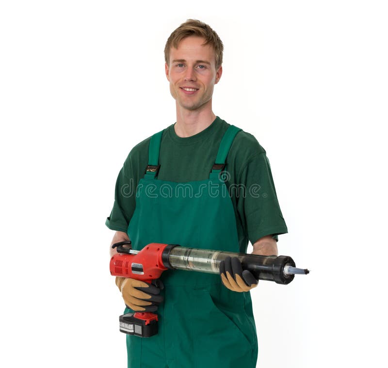 Glazier with Application Gun Applying Adhesive for Windshield ...