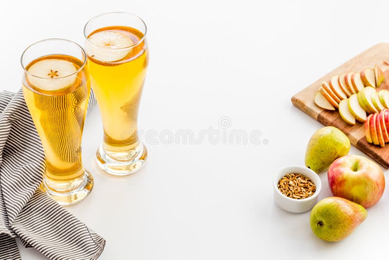 Glasses of Beer with Apple and Peer on White Table Copy Space Stock ...
