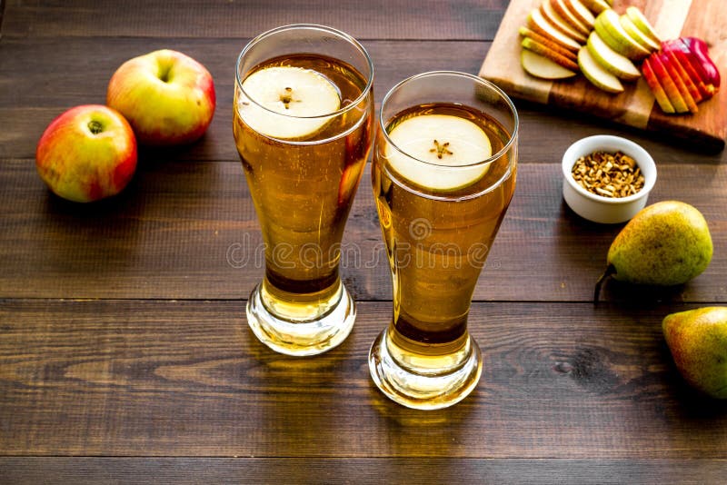 Glasses of Beer with Apple and Peer on Wooden Desk Stock Photo - Image ...