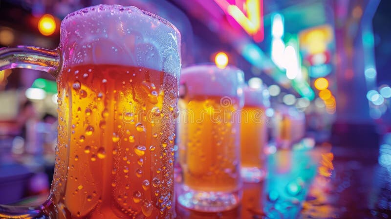 Glasses of Beer on a Bar with Neon Lights. Stock Photo - Image of ...