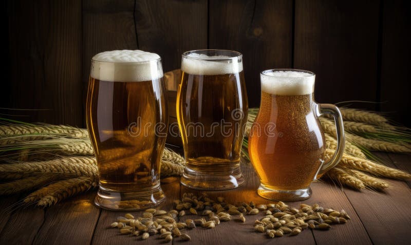 Glasses of Beer and Wheat Ears on Rustic Table Creating Using ...