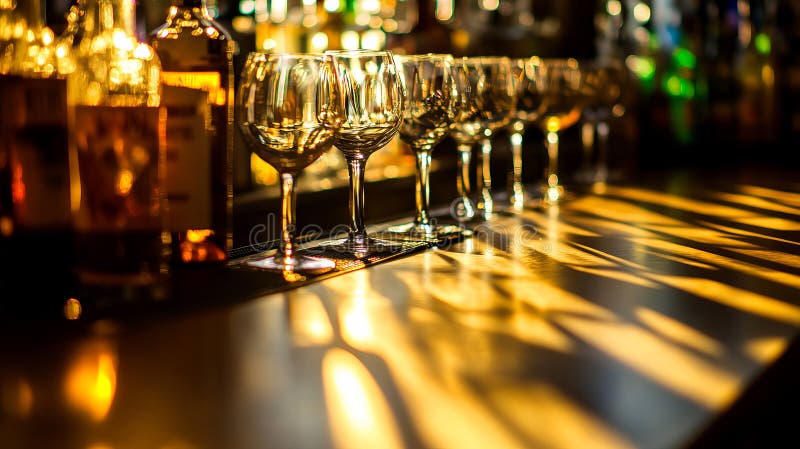 Glasses and Bottles Casting Shadows on Bar Counter Stock Illustration ...