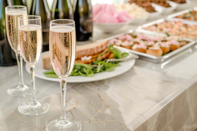 Glasses of Champagne on a Buffet with a Brunch Spread Stock Image ...