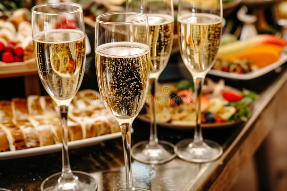 Glasses of Champagne on a Buffet with a Brunch Spread Stock Photo ...