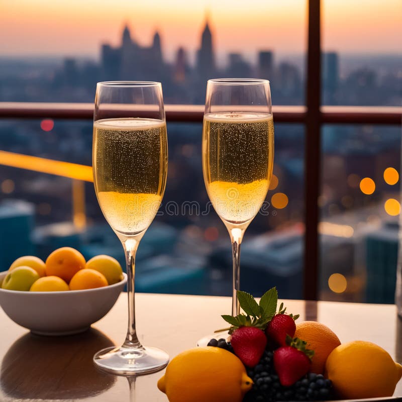 Glasses of Champagne with Fruit Against the Backdrop of Skyscrapers ...