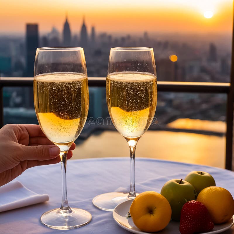 Glasses of Champagne with Fruit Against the Backdrop of Skyscrapers ...
