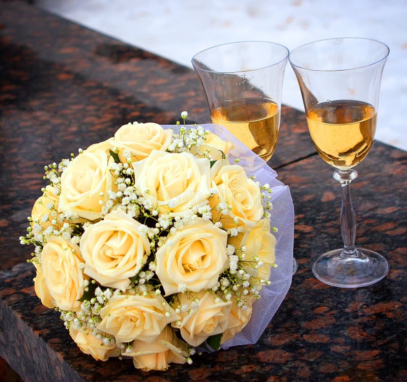 Glasses Of Champagne And Rose Bouquet Stock Image - Image of champagne ...