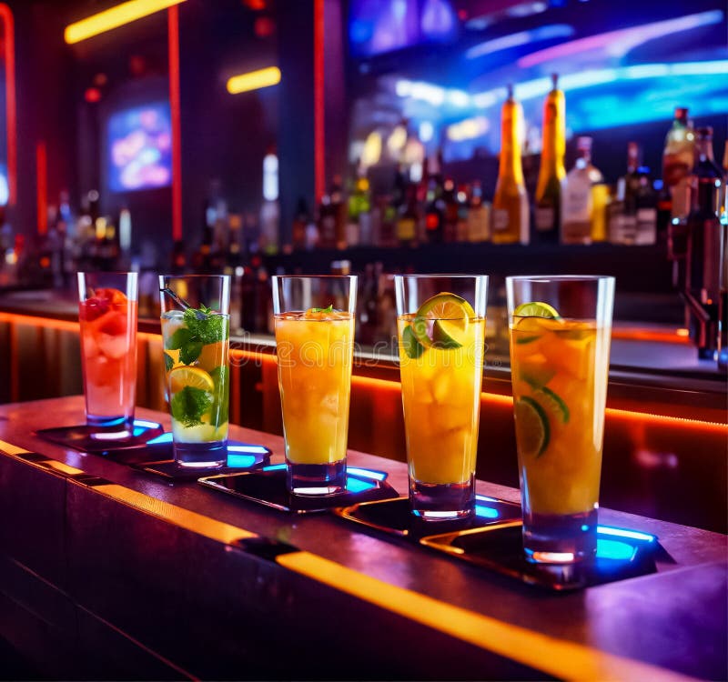 Cocktails On The Bar Counter In A Nightclub Stock Image Image Of