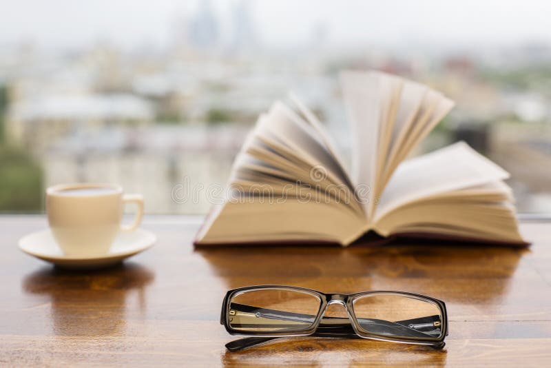 Glasses, Coffee Cup and Open Book Stock Image - Image of home, elegance ...