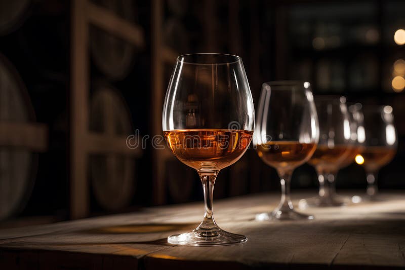 Glasses of Cognac on the Table in the Cellar of Traditional Winery ...