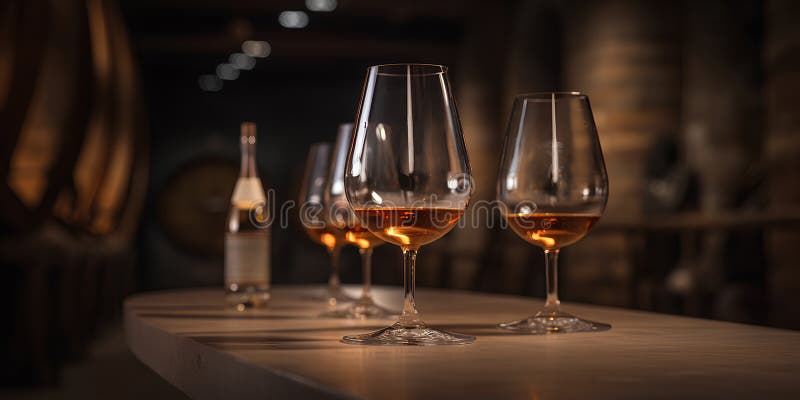 Glasses of Cognac on the Table in the Cellar of Traditional Winery ...
