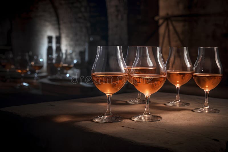 Glasses of Cognac on the Table in the Cellar of Traditional Winery ...