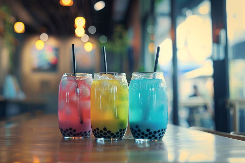 Glasses with Colorful Bubble Tea on the Table Stock Illustration ...