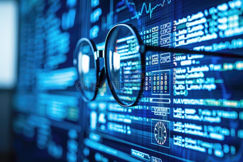 Glasses on Computer Screen with Data and Graphs Illustrating HighTech ...