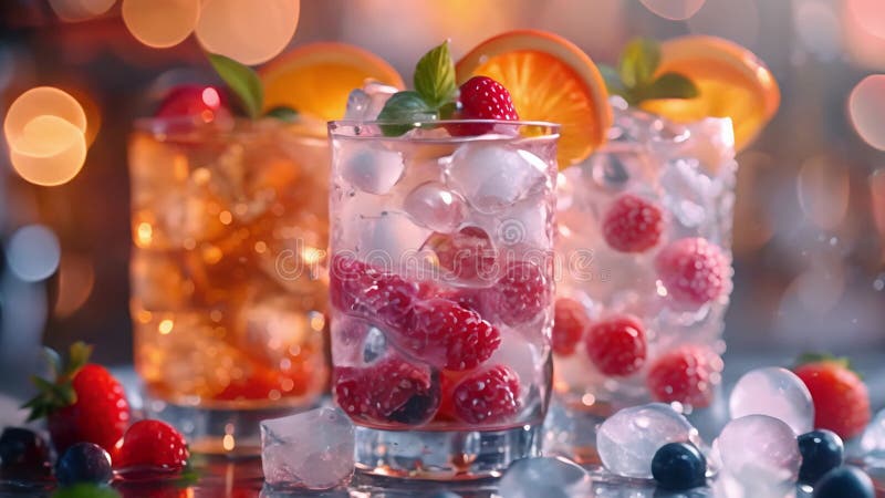 Glasses Contain Ice Cubes and Colorful Fruit Pieces. Glasses Filled ...