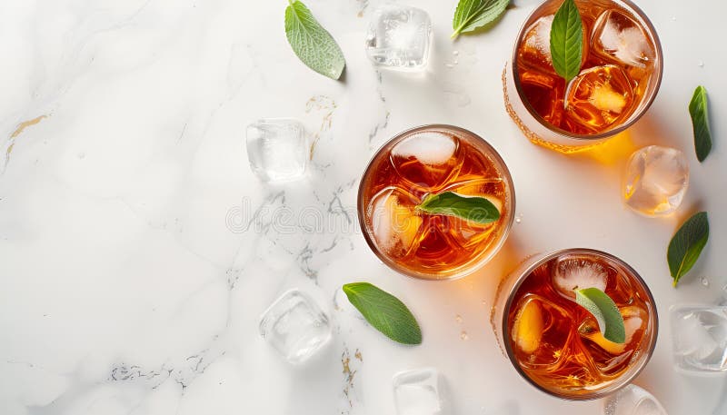Glasses of Delicious Iced Tea on Marble Table, Top View. Space for Text ...