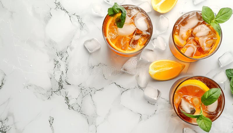 Glasses of Delicious Iced Tea on Marble Table, Top View. Space for Text ...