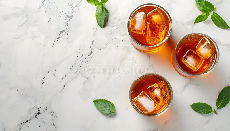 Glasses of Delicious Iced Tea on Marble Table, Top View. Space for Text ...