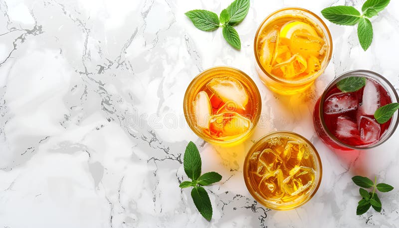Glasses of Delicious Iced Tea on Marble Table, Top View. Space for Text ...