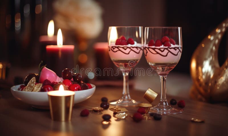 Glasses with Delicious Raspberry Dessert on Table in Room Decorated ...