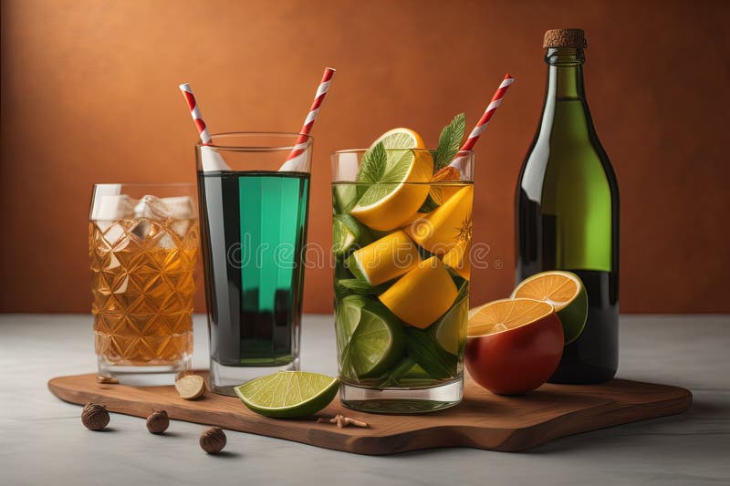 Glasses with Different Refreshing Drinks on Table, Closeup. Generative ...
