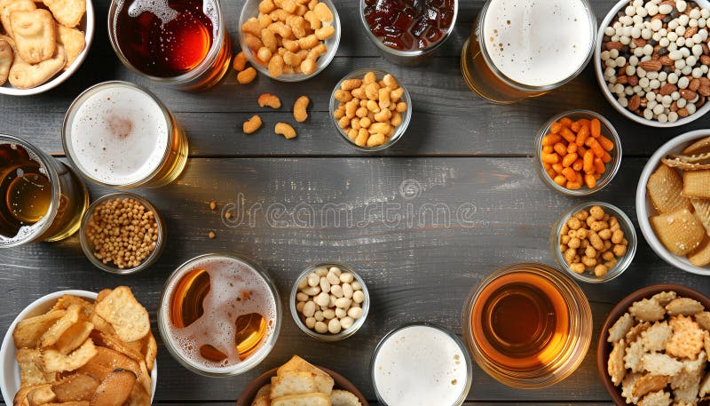 Glasses with Different Types of Beer and Snacks on Grey Wooden Table ...