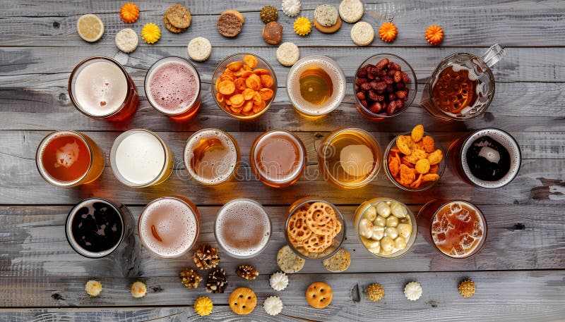Glasses with Different Types of Beer and Snacks on Grey Wooden Table ...