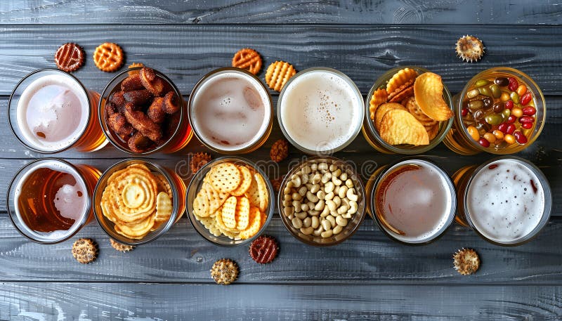 Glasses with Different Types of Beer and Snacks on Grey Wooden Table ...