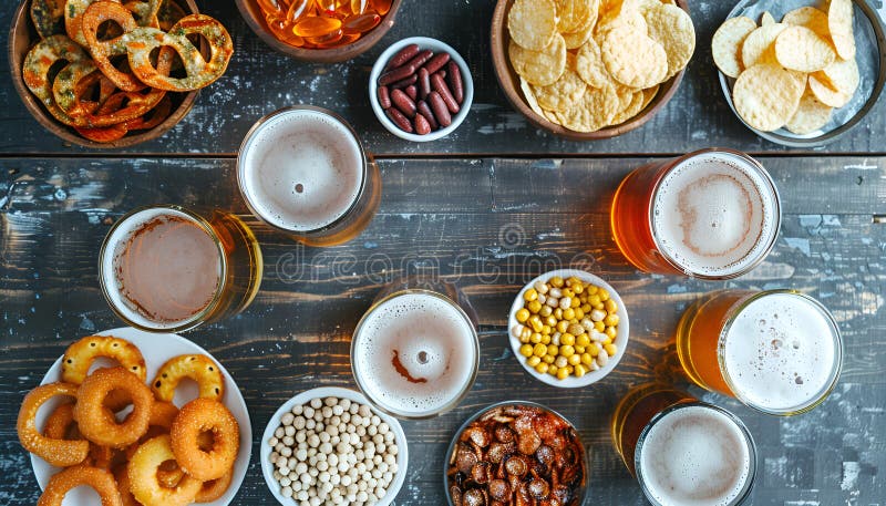 Glasses with Different Types of Beer and Snacks on Grey Wooden Table ...