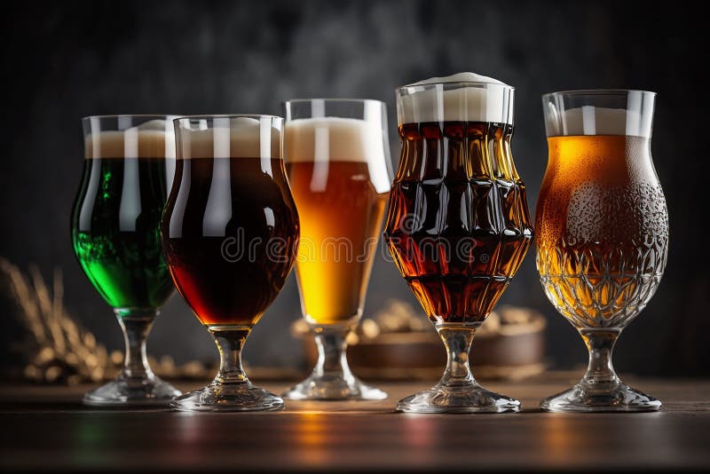 Glasses of Different Types of Draught Beer in a Pub. Illustration ...