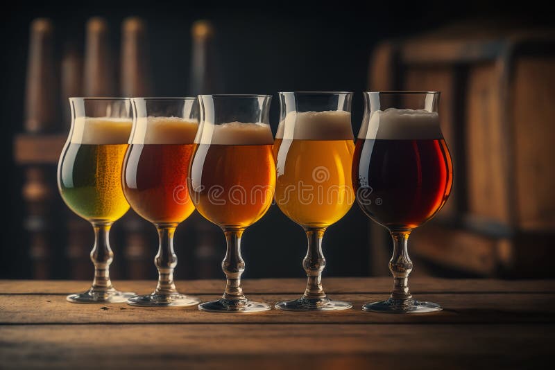Glasses of Different Types of Draught Beer in a Pub. Illustration ...