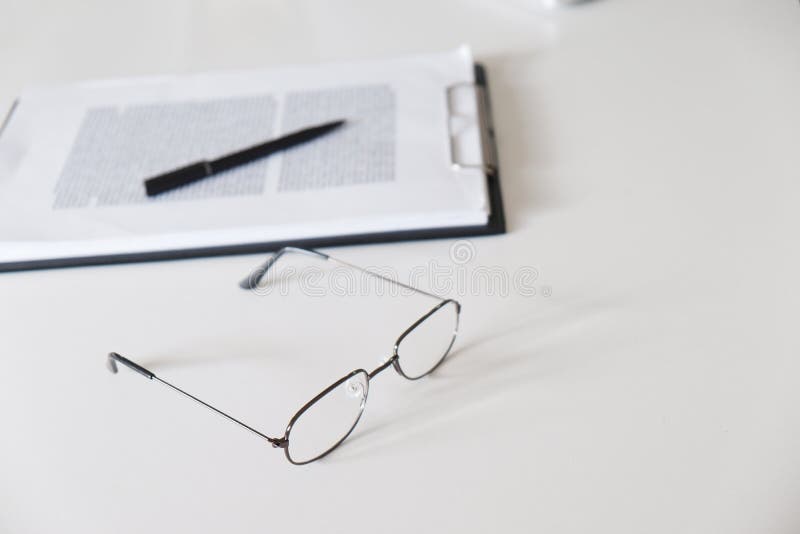 Glasses with Document and Pen on Table in Office, Class Room Stock ...