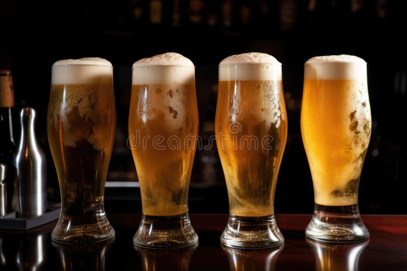 Glasses of Draught Beer in a Row, with Foaming and Carbonation Visible ...
