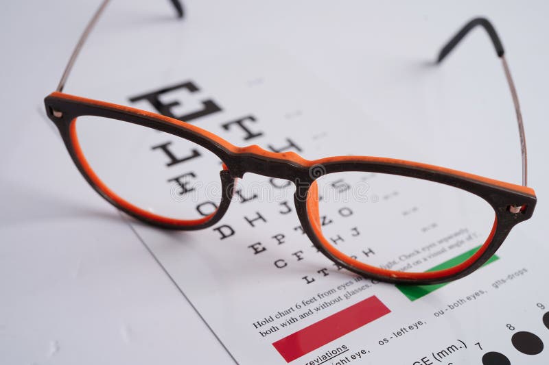 Glasses on Eye Exam Chart To Test Eyesight Accuracy of Reading Stock ...