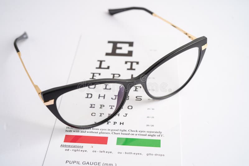 Glasses on Eye Testing Exam Chart To Check Eyesight Accuracy of Reading ...