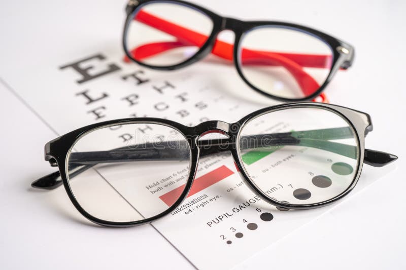 Glasses on Eye Testing Exam Chart To Check Eyesight Accuracy of Reading ...