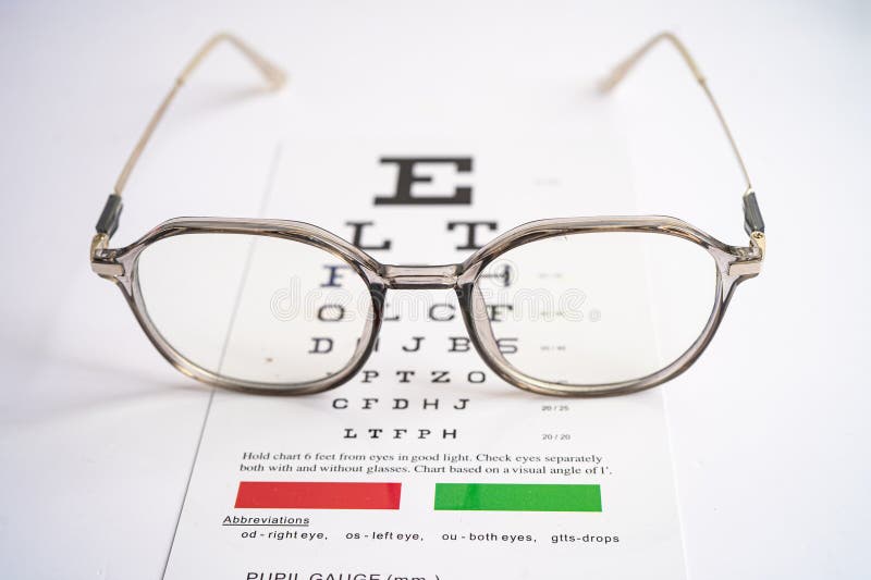 Glasses on Eye Testing Exam Chart To Check Eyesight Accuracy of Reading ...