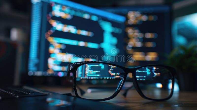 Glasses in Focus with Code on Screens Stock Image - Image of hacker, closeup: 331215271