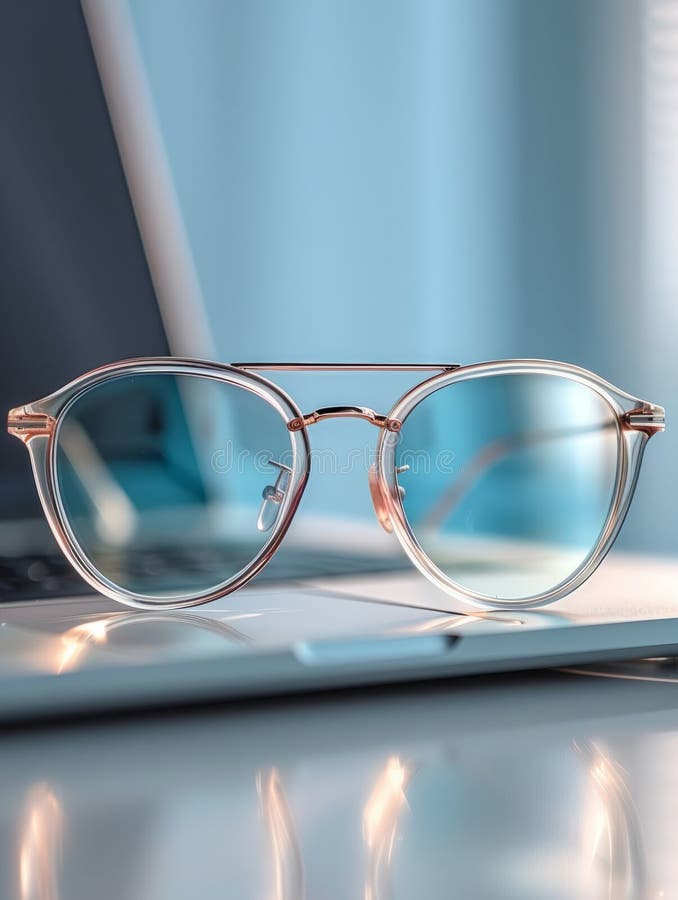 Glasses on a Laptop Keyboard with Light Reflections. Stock Photo ...