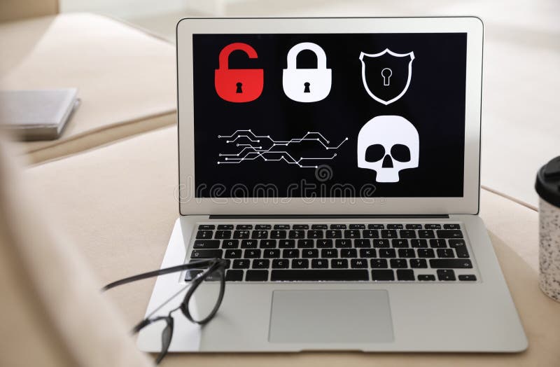 Glasses and Laptop with Virus Illustration on Beige Sofa Stock Image ...