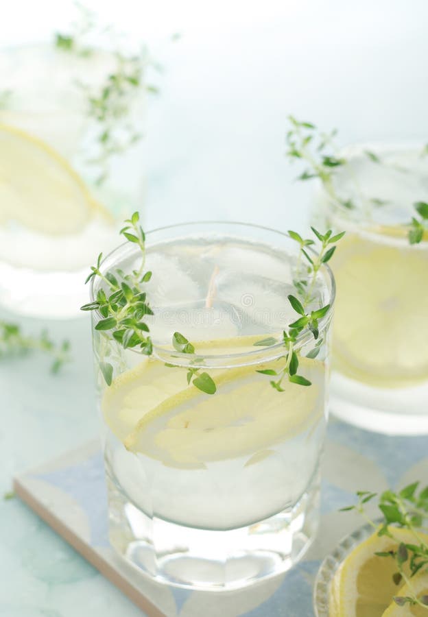 Glasses with Lemon and Thyme Refreshing Drink Stock Image - Image of ...